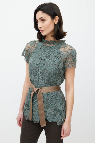 Brunello Cucinelli // Green & Brown Lace Monilli Top – VSP Consignment