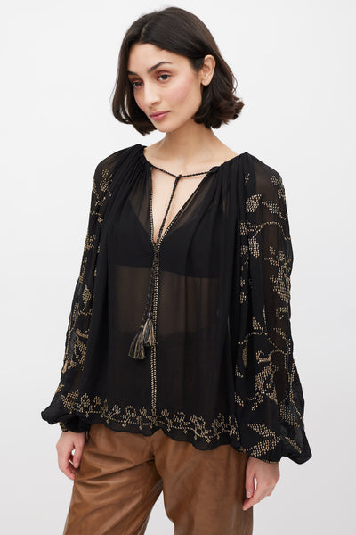 Ulla Johnson // Black & Gold Embroirdered Sheer Top – VSP Consignment