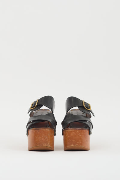 Celine // Black Leather & Brown Wooden Platform Wedge – VSP Consignment