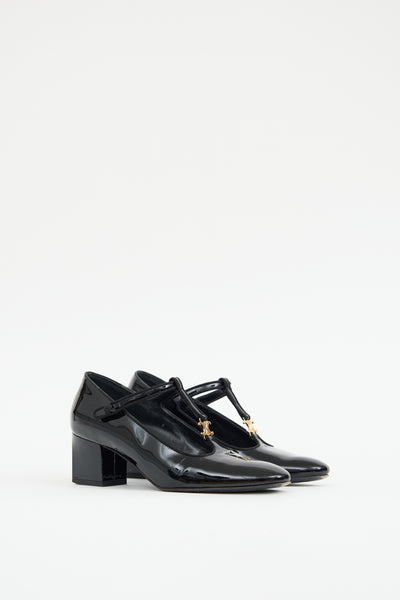 Celine // Black Patent Leather T-Bar Strap Triomphe Heel – VSP Consignment
