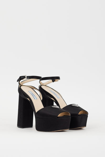 Prada // Black Satin Triangle Logo Platform Heel – VSP Consignment