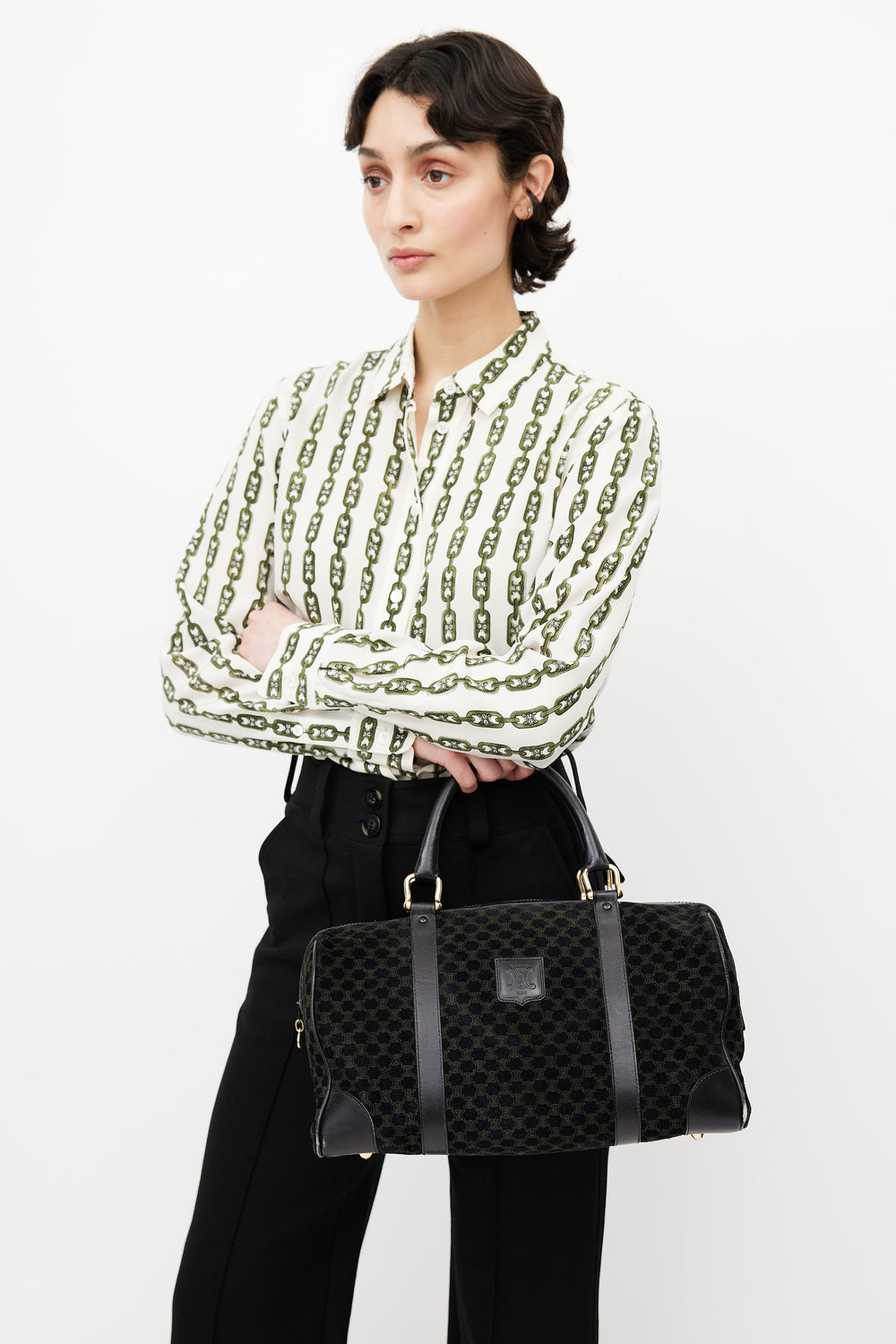 Celine // Black Suede Triomphe Macadam Bowler Bag – VSP Consignment